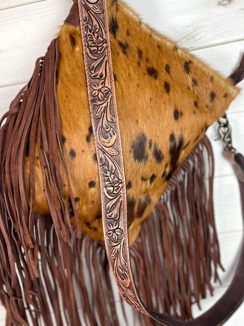 Tan & Brown Spotted Crossbody Hide Bag With Fringe - Etsy