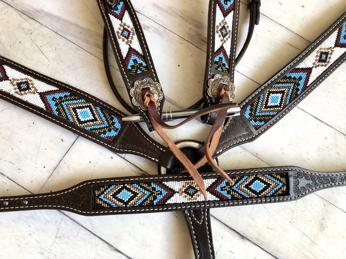 Blue Gold and White Beaded Dark Leather Tack Set - Etsy