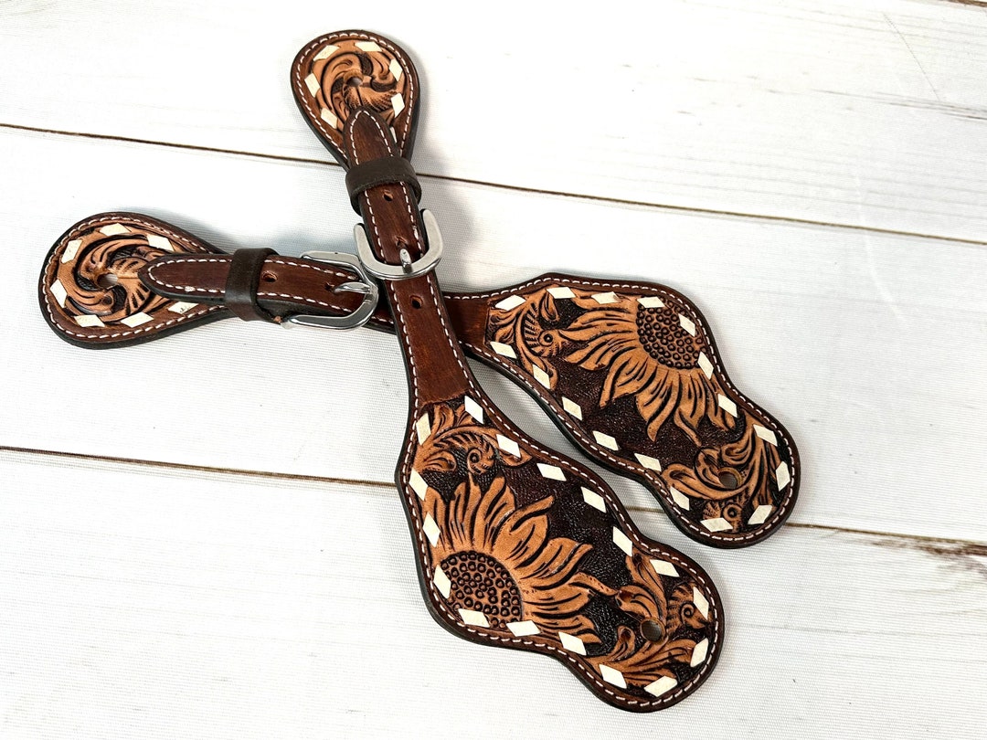 Dark Tooled Leather Sunflower Spur Straps - Etsy