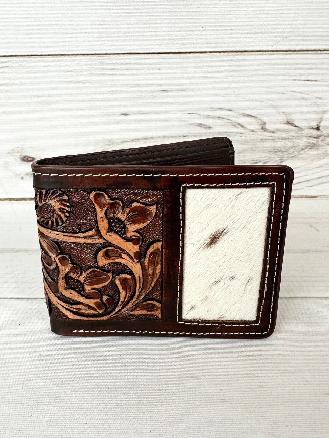 Dark Leather Tooled Cowhide Mens Western Wallet - Etsy