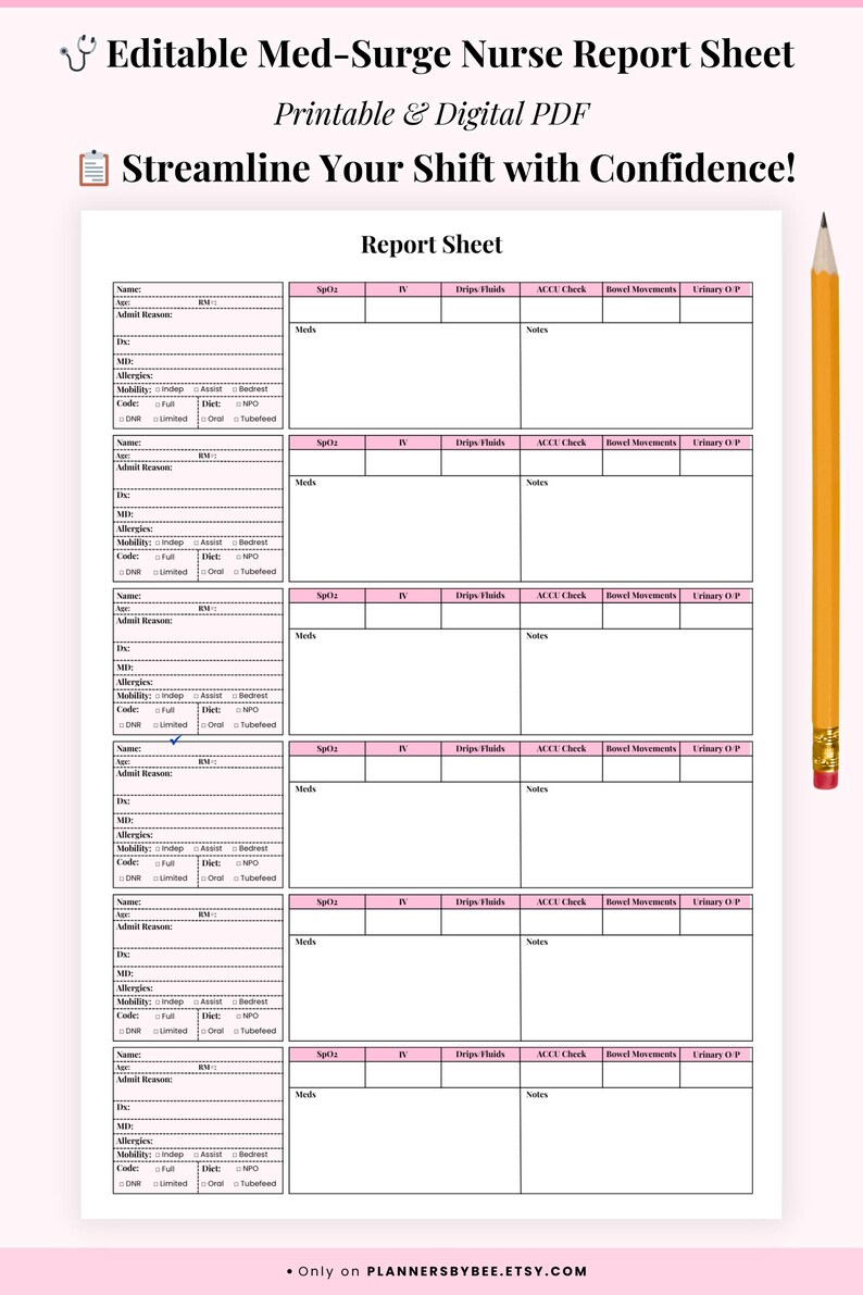 Editable Med Surg Report 6 Patient, Nurse Report Sheet ICU Nurse Brain ...