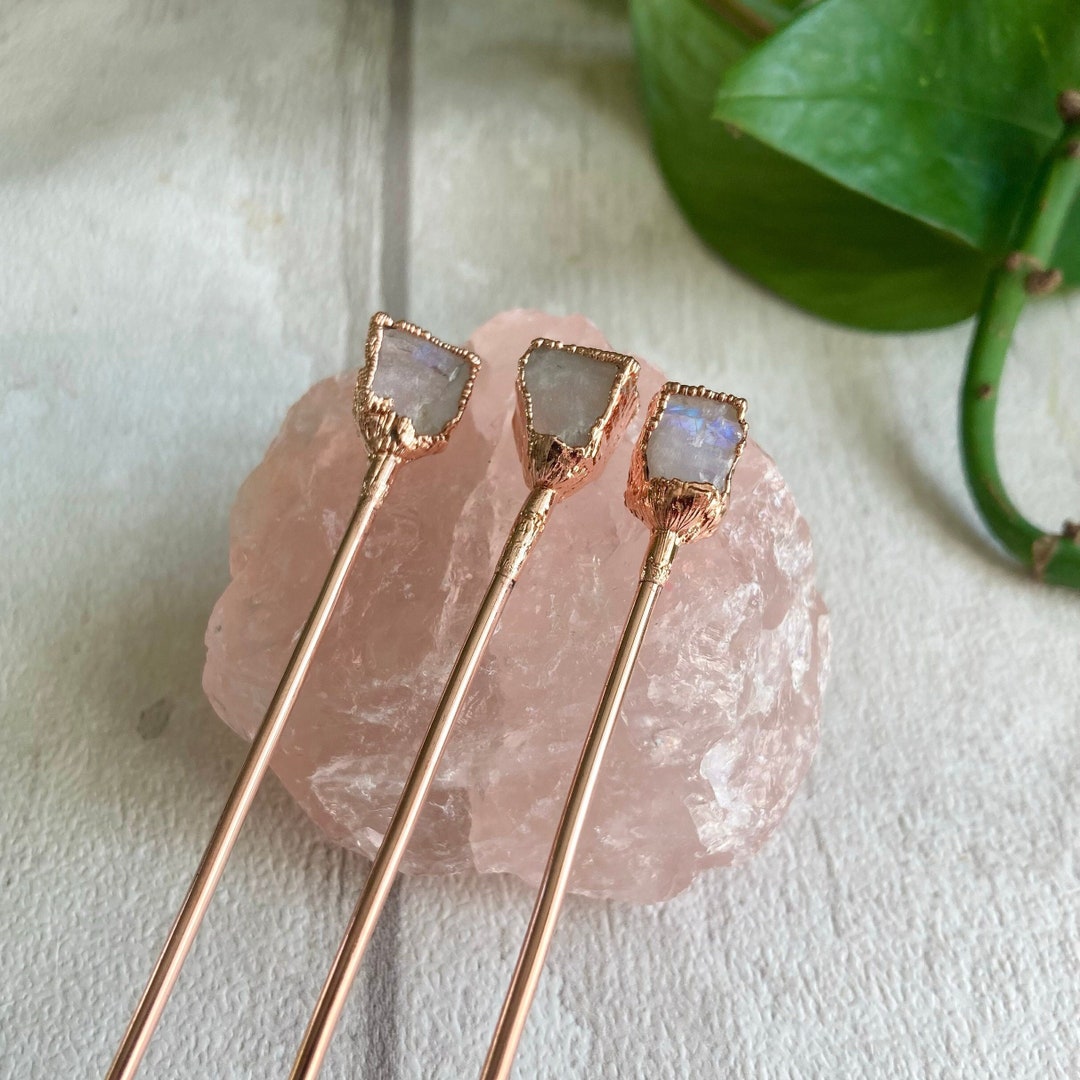 Electroformed Copper Rainbow Moonstone Hair Stick | Raw Crystal Bun Pin ...
