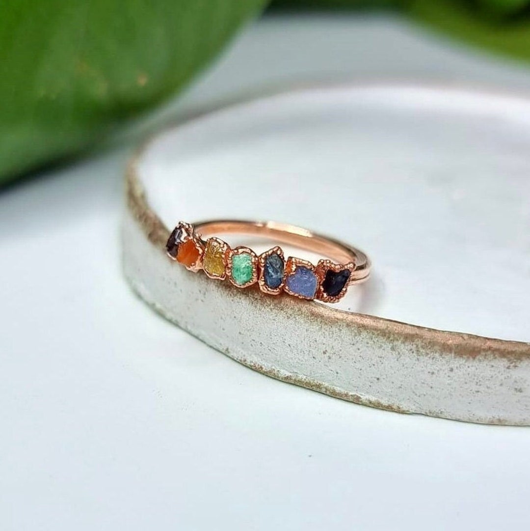 Raw Rainbow Ring | Seven Stone Ring | Crystal Rainbow Ring | Raw Gemstone Ring | Copper Ring ...