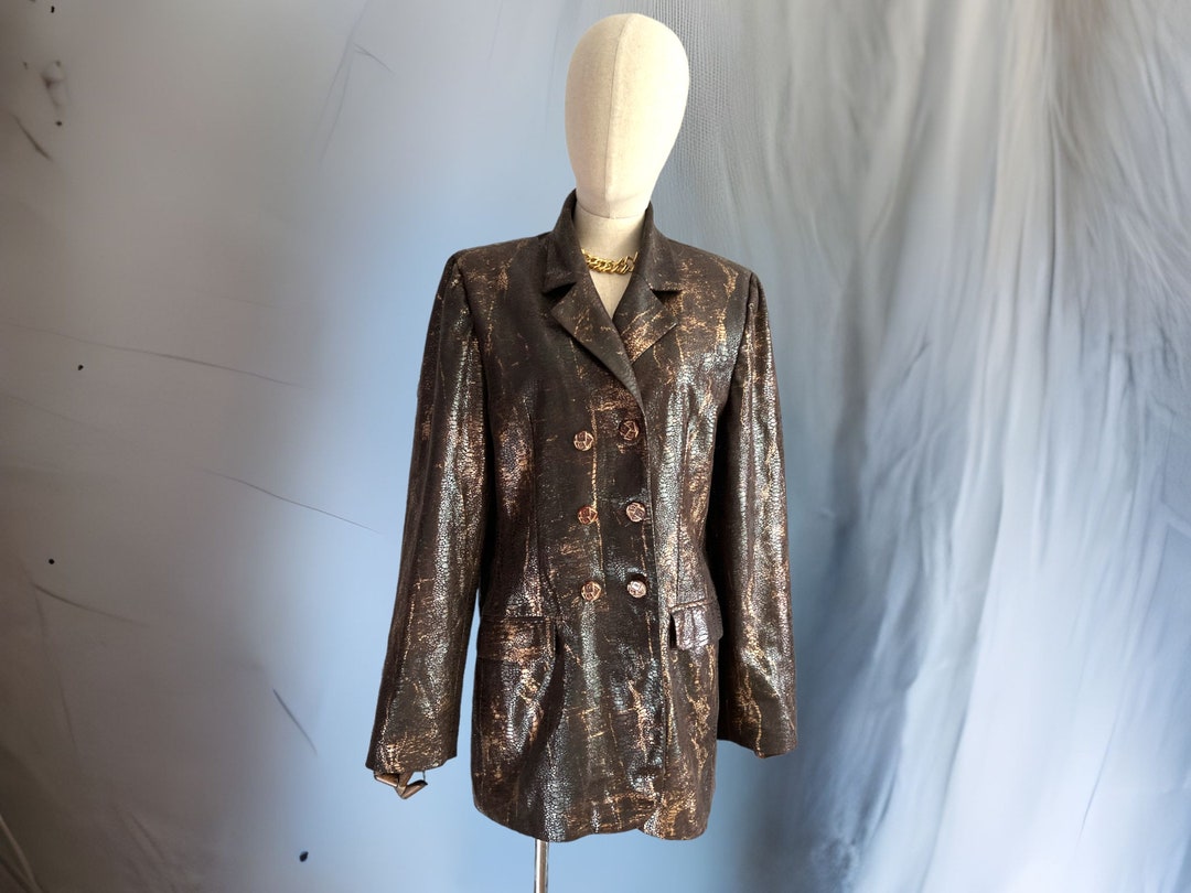 Vintage 80's Snake Leather Effect Shiny Brown Gold Shaded Double Breast ...
