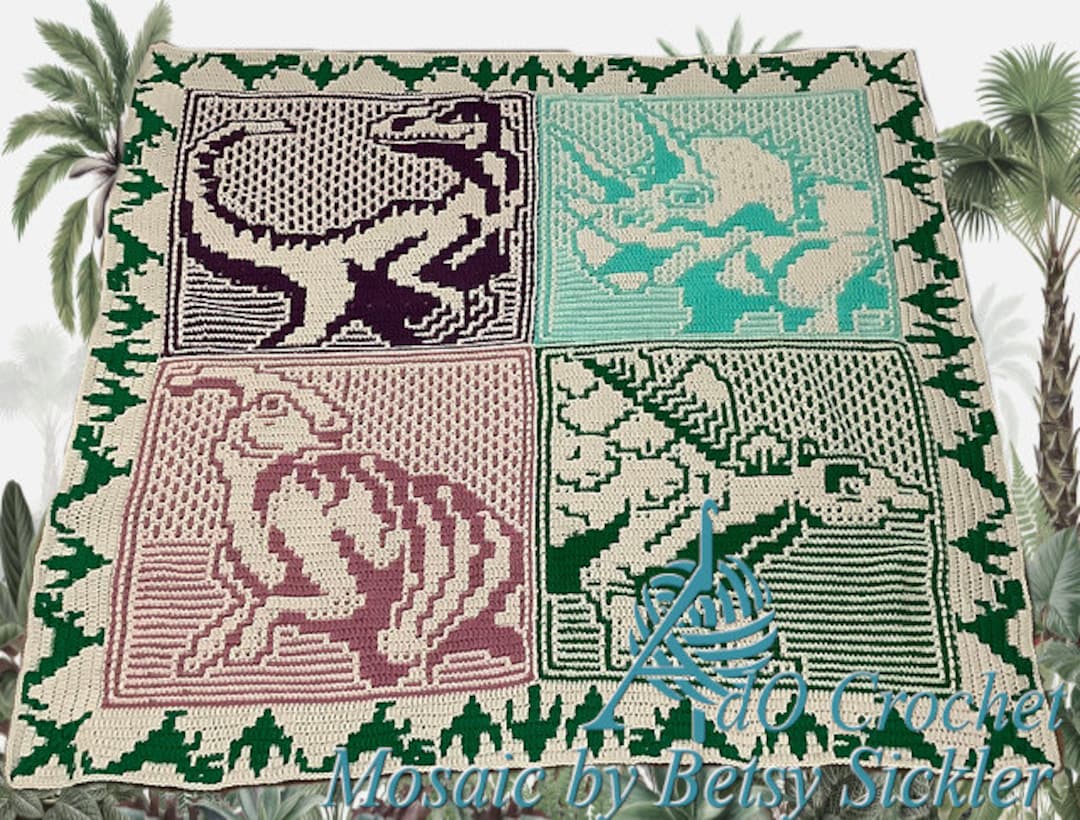 Dinosaur 4 Squares, Overlay Mosaic and Interlocking Filet in English En ...