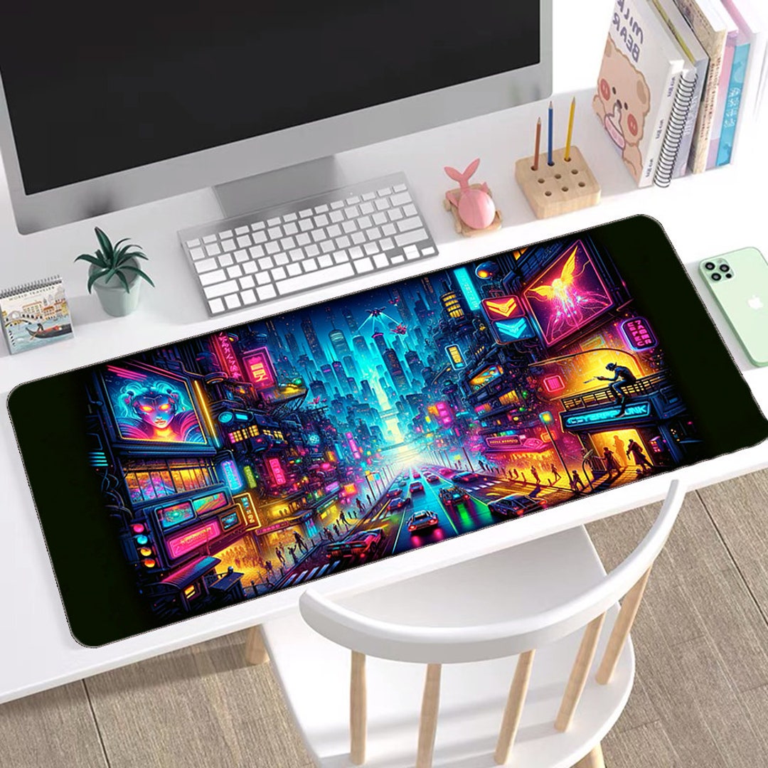 Cyberpunk Neon City Desk Mat | Futuristic Urban Gaming Mouse Pad ...
