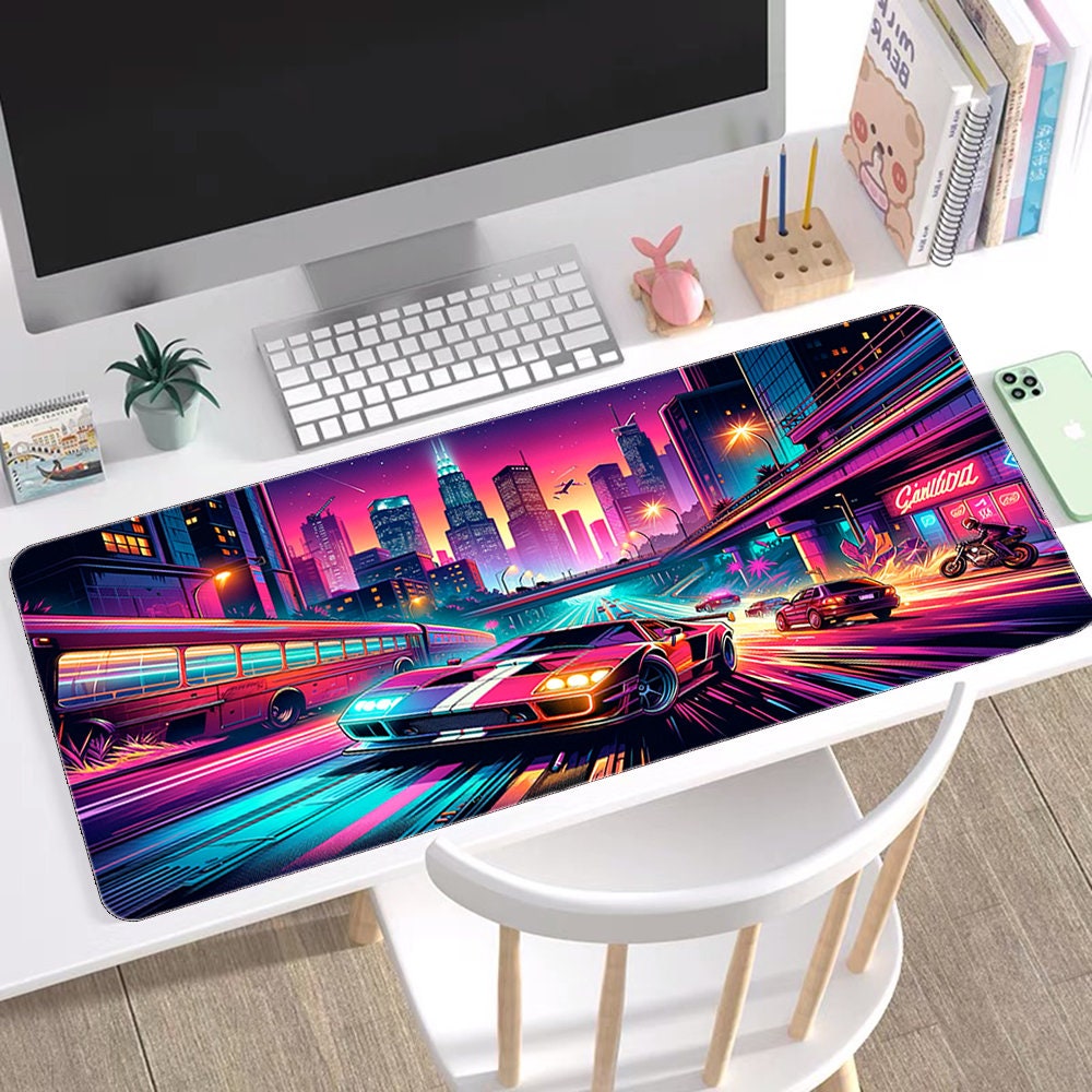 Retro Futuristic Cityscape Mouse Pad | Vibrant Neon Gaming Desk Mat ...