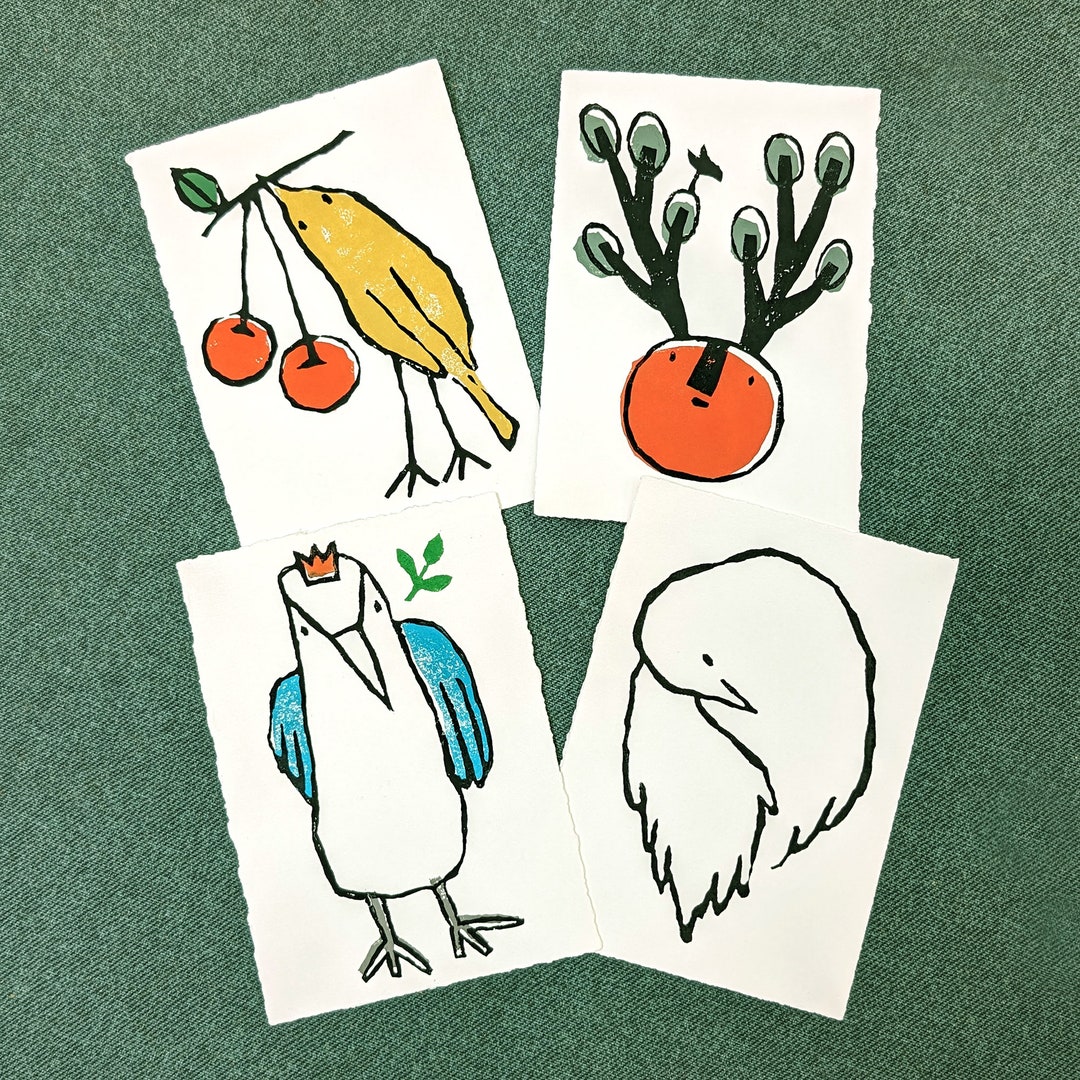 4 Designs A6 Size Original Linocut Hand Prints Choose Design or Set of ...