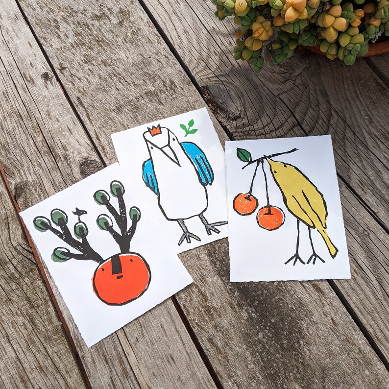 3 Designs A6 Size Original Linocut Hand Prints One Design or Set of ...