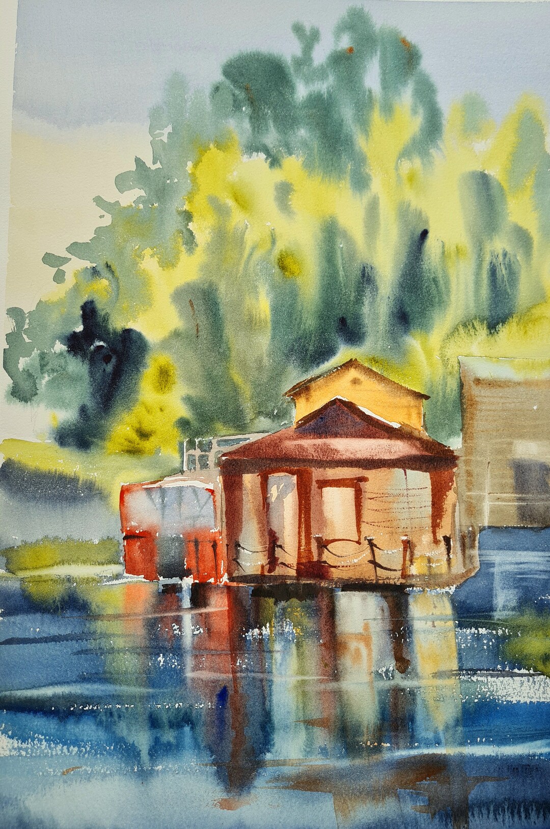 Lake House Painting Original Art Watercolor Landscape 12'' by 17 ...