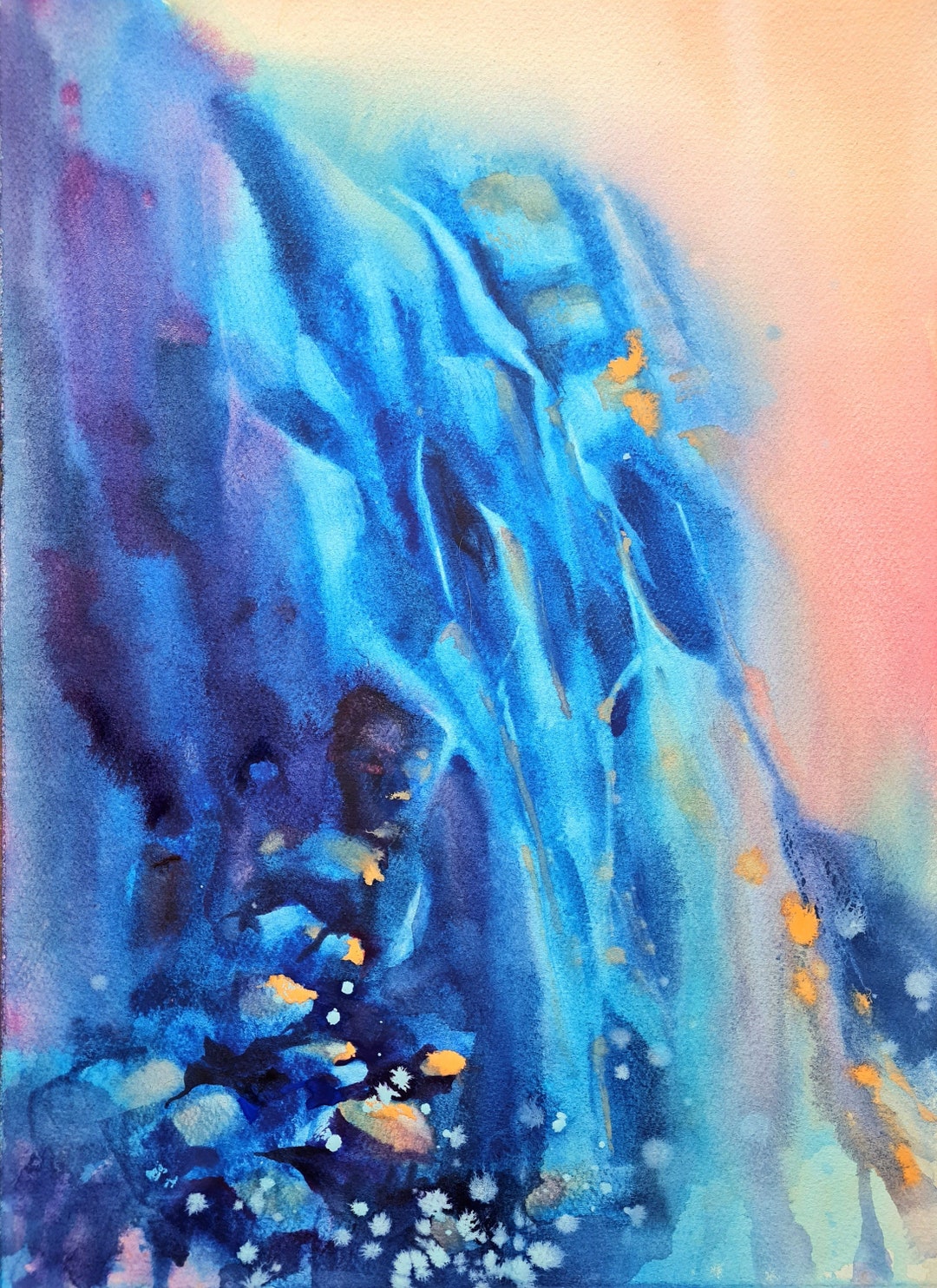 Abstract Waterfall Painting Original Watercolor Landscape 11'' by 15 ...