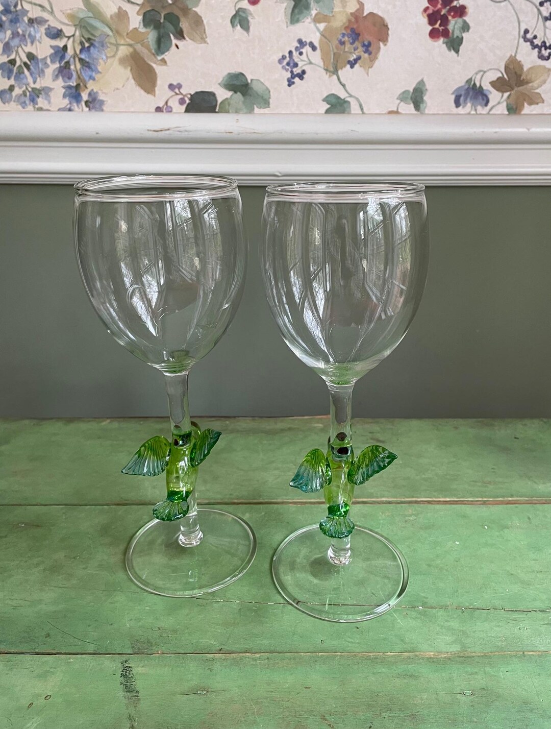 Yurana Design Green Hummingbird Hand Blown Wine Glasses. Set of Two - Etsy