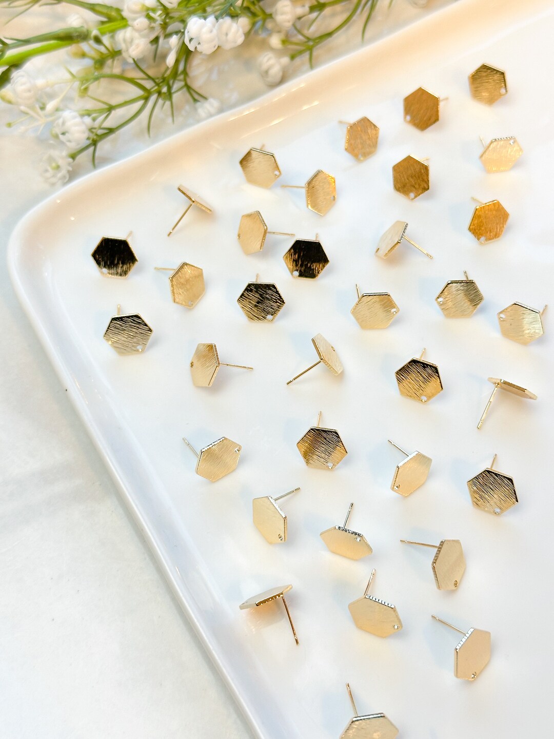 18K Real Gold Plated Texture Hexagon Posts With 316 Surgical Stainless ...