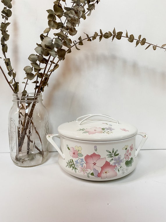 made in Japan. Vintage White Enamel with Pink Floral Pattern Kobe TM ...