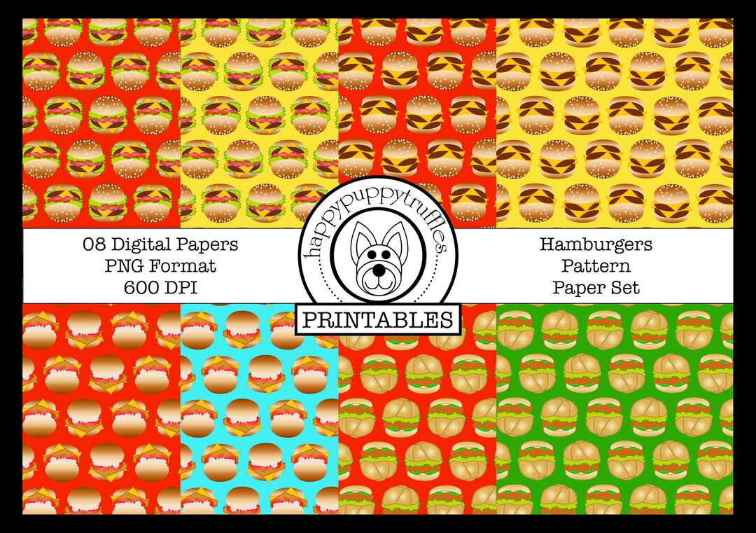 Hamburger Pattern Digital Paper, Cheeseburger, Chicken Sandwich, Fish ...