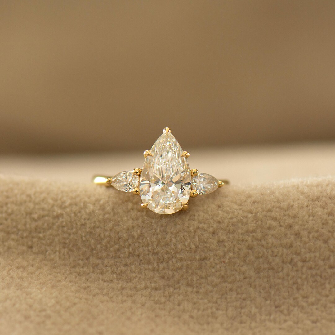 Three Stone Pear Ring, 14K Yellow Gold, Lab Grown Diamonds, Delicate ...