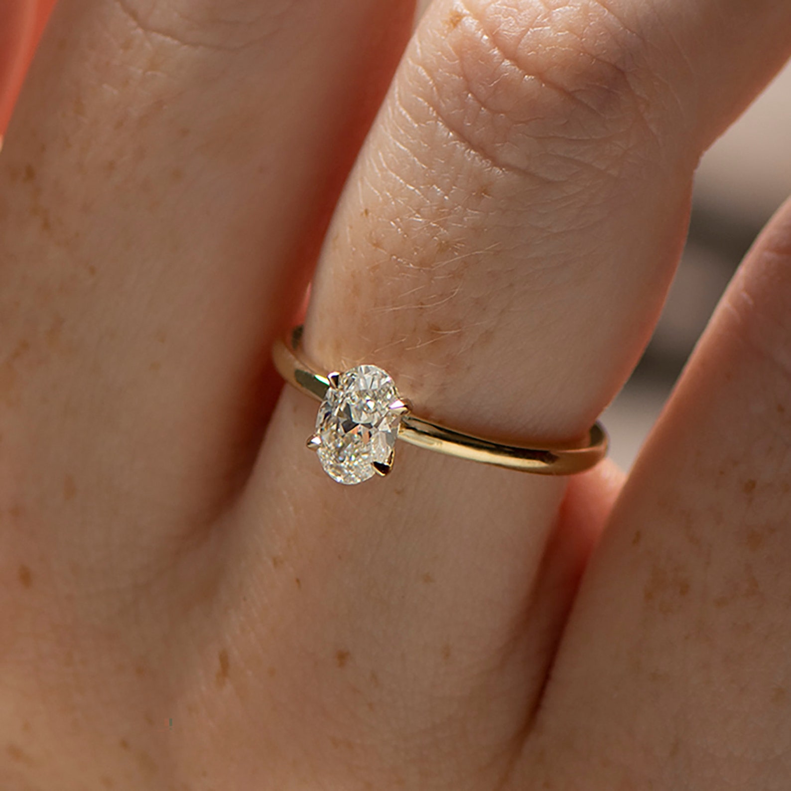 Oval Solitaire Ring, 14K Yellow Gold, Oval Engagement Ring, Lab Grown ...