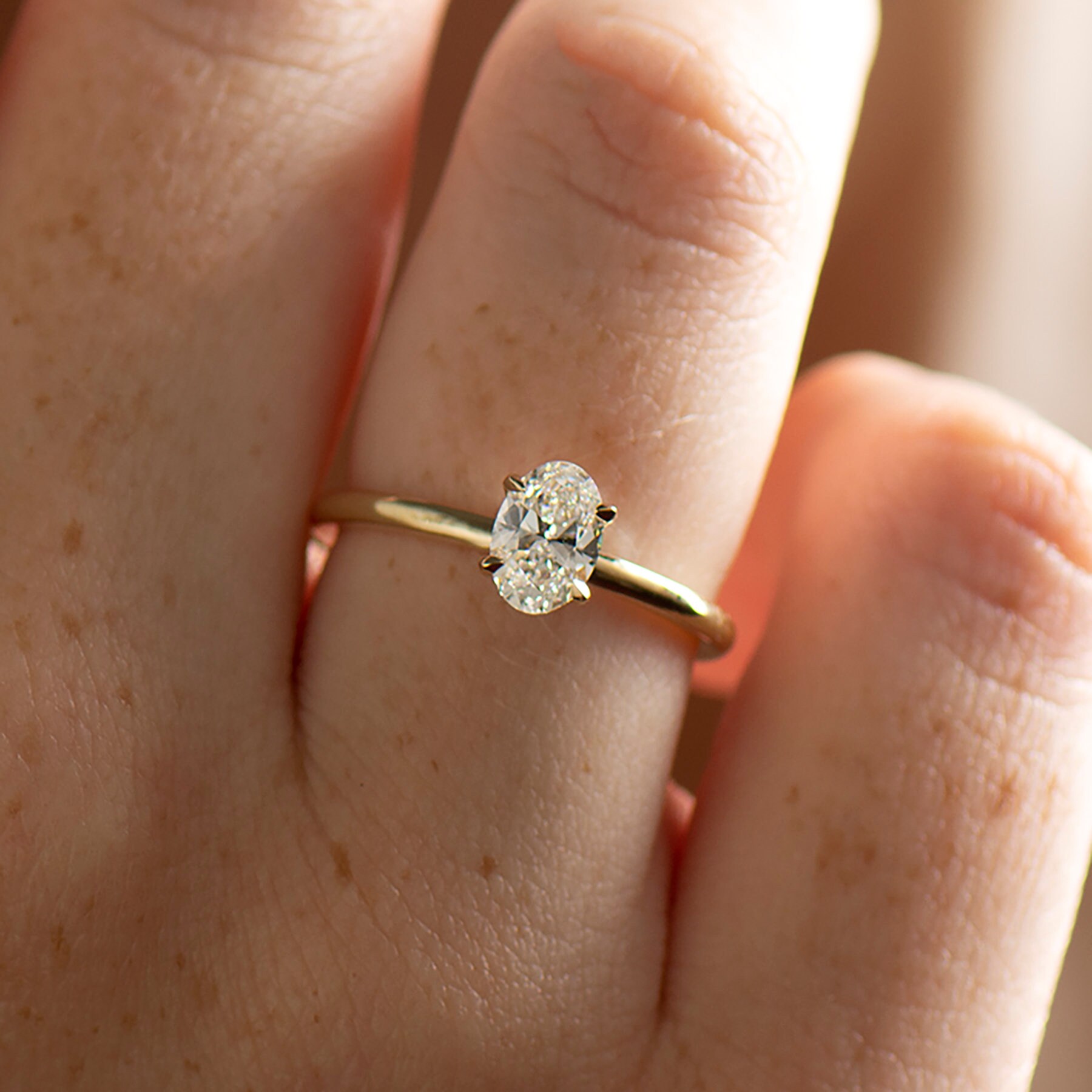 Oval Solitaire Ring, 14K Yellow Gold, Oval Engagement Ring, Lab Grown ...