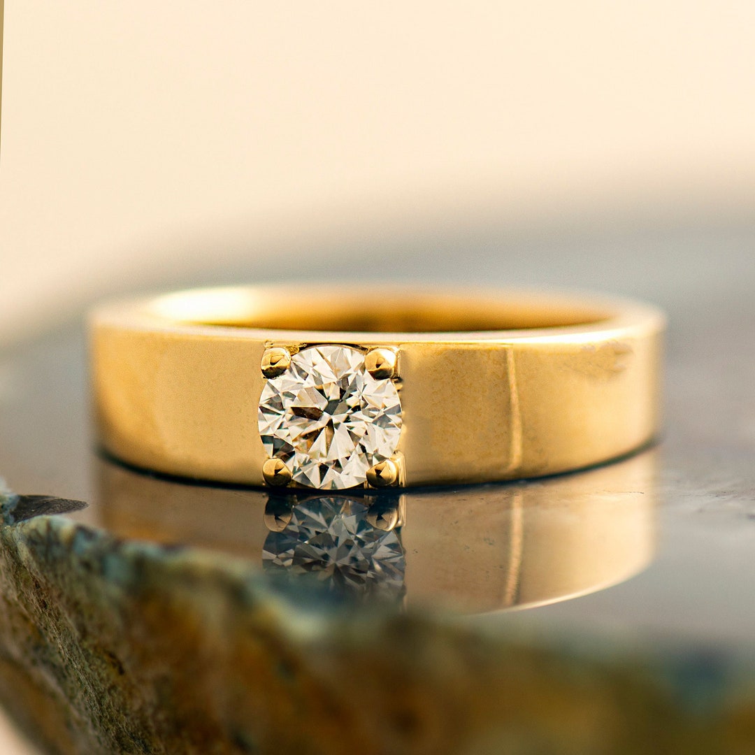 Wide Solitaire Diamond Ring, 14K Yellow Gold, Lab Grown Diamond Ring ...