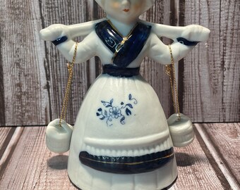 Vintage Blue/white Dutch Girl Bell Figurine Carrying Water Buckets on ...