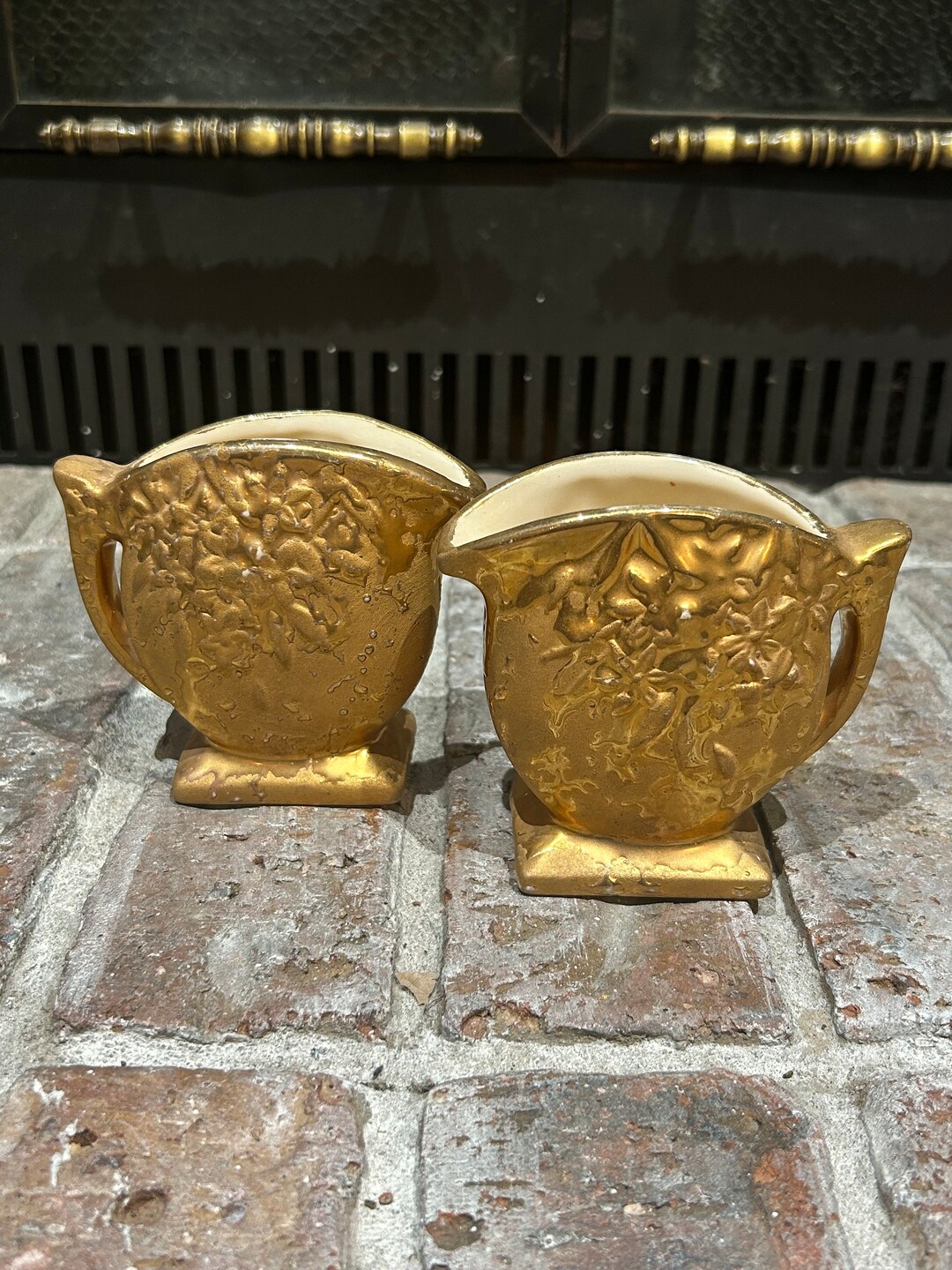 Vintage Mccoy Weeping Gold Set 2 Small Ceramic Vase Pitcher 24k Gold ...