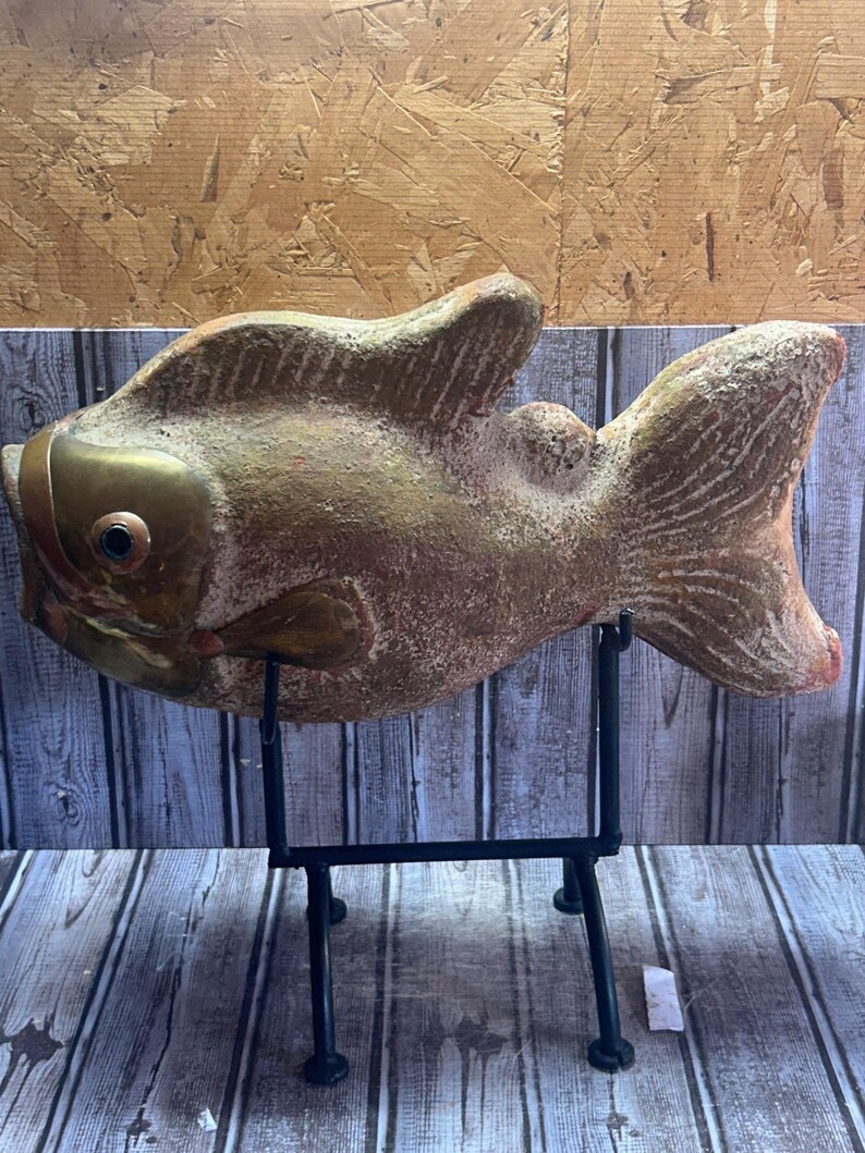 Folk Art Hand Sculpted Pottery W/ Brass Details Fish on Metal Stand - Etsy