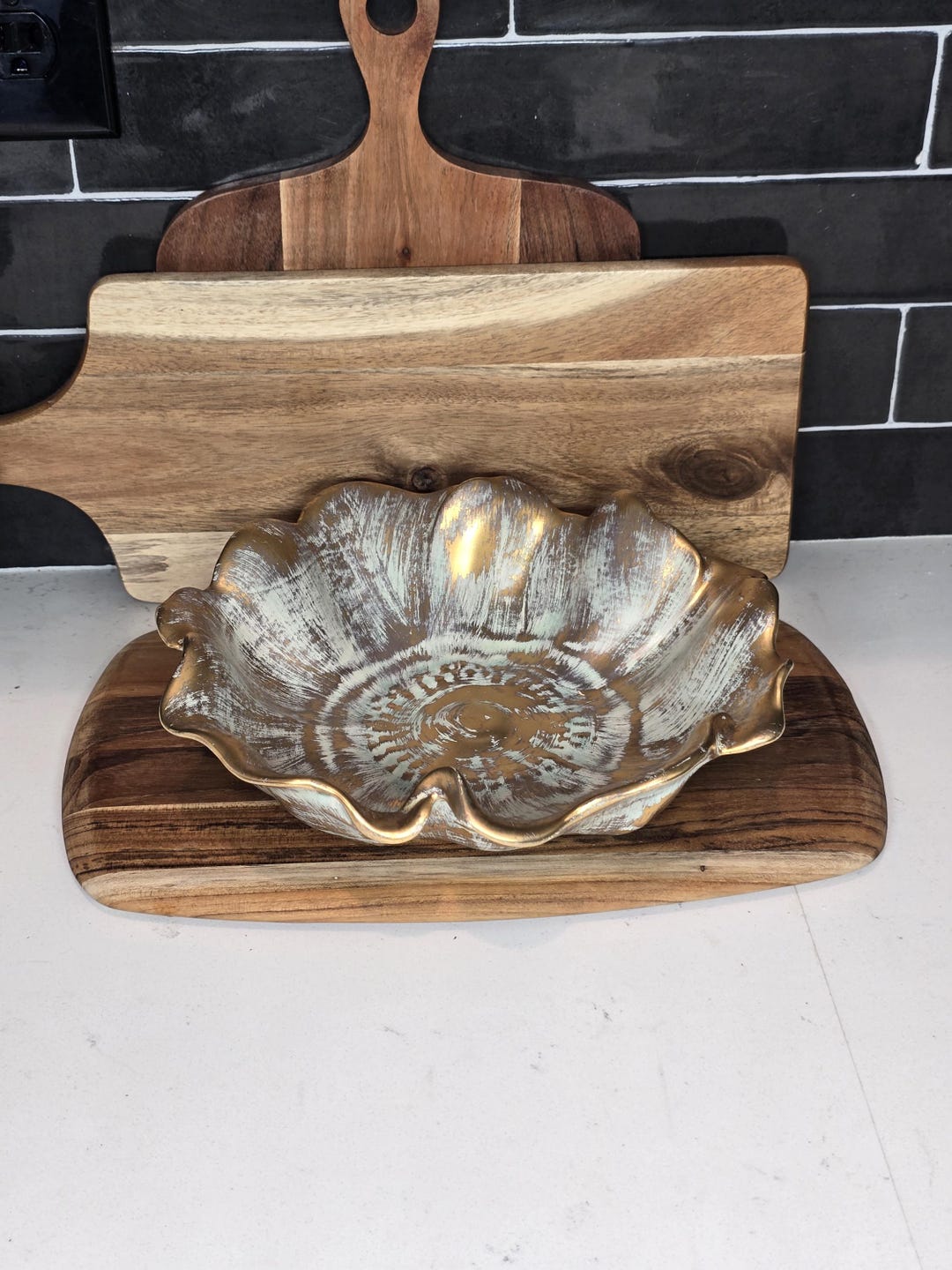 Vintage Stangl Antique 22K Gold on Green 11" Ruffled Rose Bowl Ruffled ...