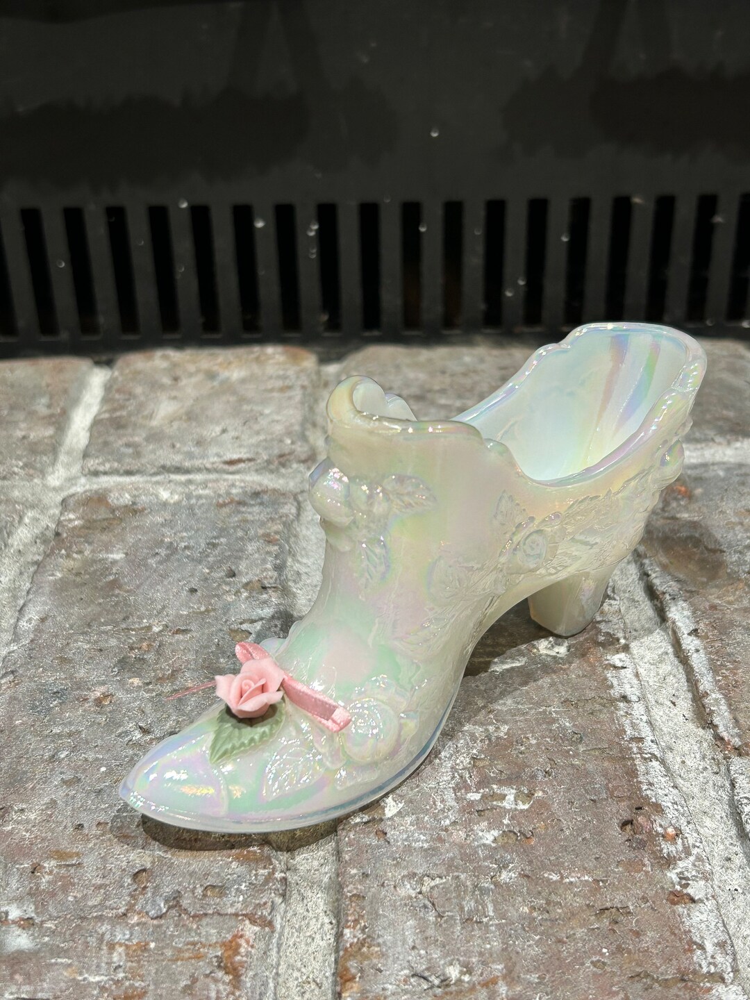 Fenton Glass Carnival Iridescent Cabbage Rose White Shoe - Etsy