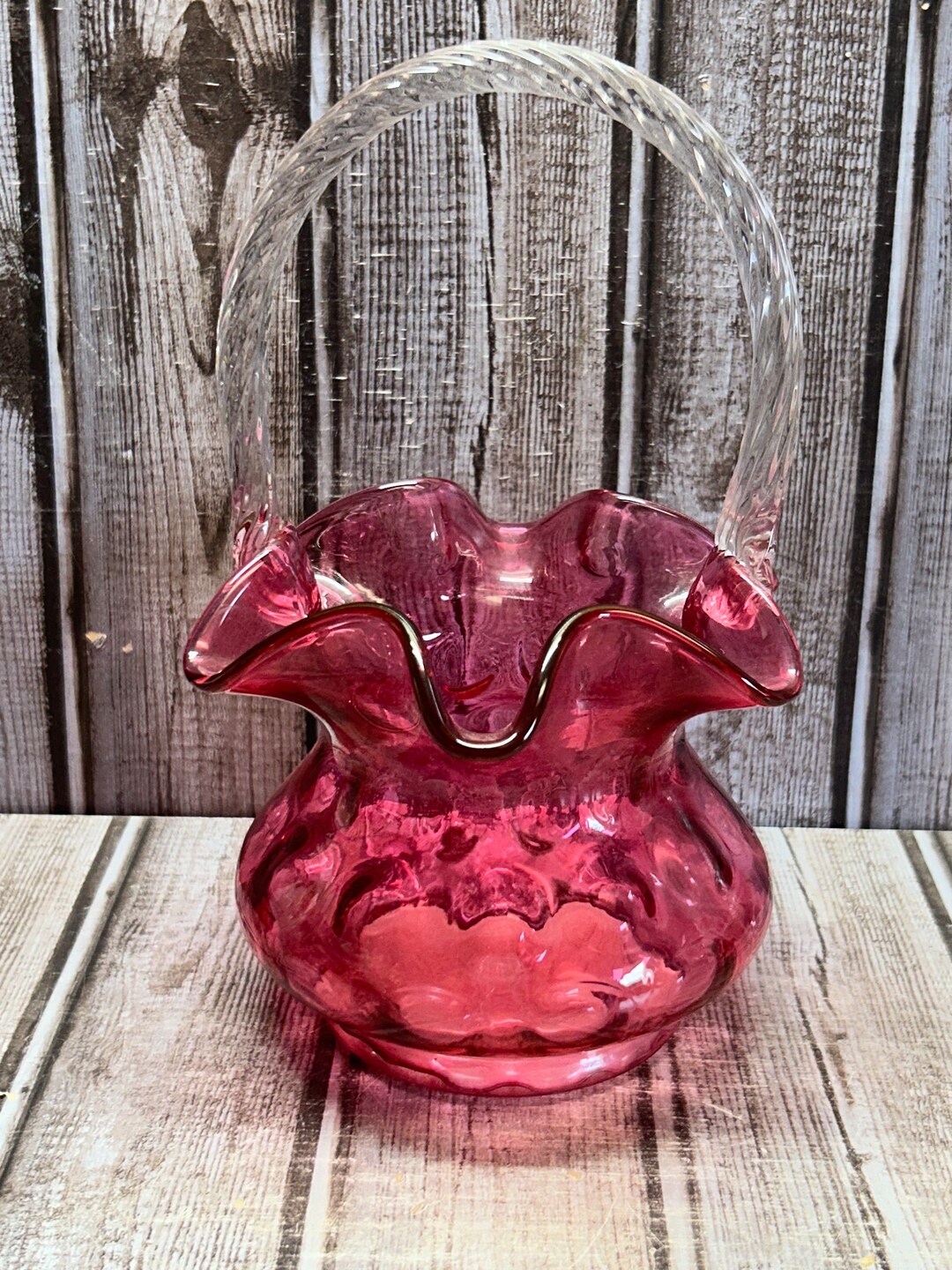 Vintage Fenton Cranberry Glass Basket, Hand Blown Inverted Thumbprint ...