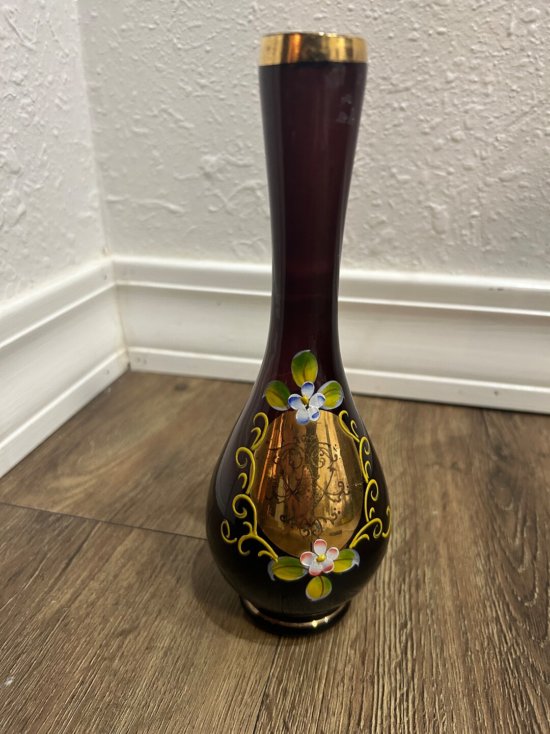 Nasco ART Dark Glass Hand Painted VASE Raised Enamel Flowers Gold Japan ...