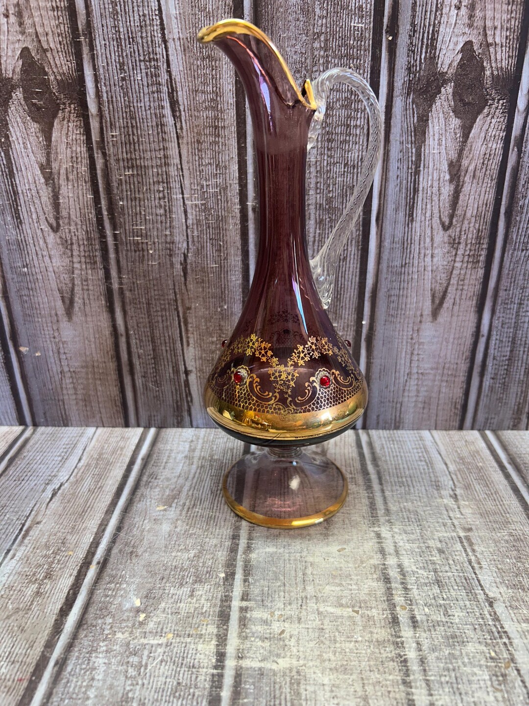 Italian Glass Decanter Deep Purple Gold Filigree and Red Stone Accents ...