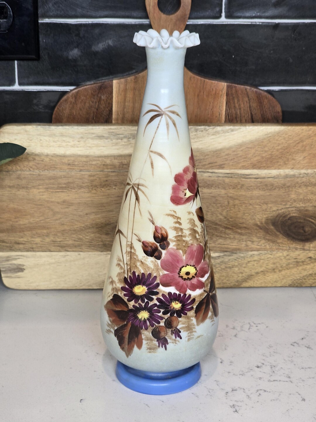 Vintage Hand-painted Hand Blown Bristol Glass Vase With a Ruffled Top ...