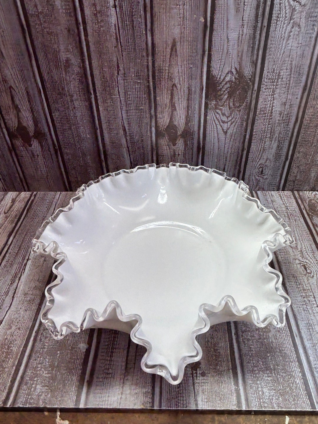 Vintage Fenton White Silvercrest Double Crimp Ruffle Glass Bowl - Etsy