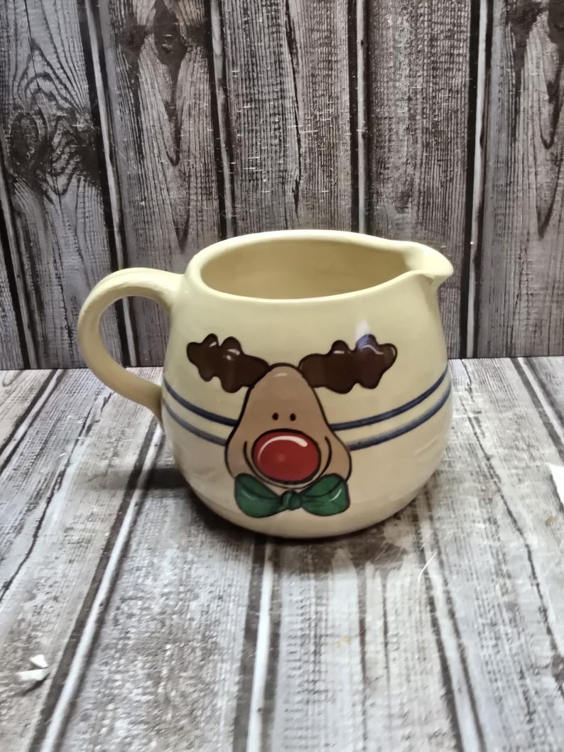 Vintage Glazed Pottery Pitcher, Darrell Fugler, Hand-painted Reindeer ...