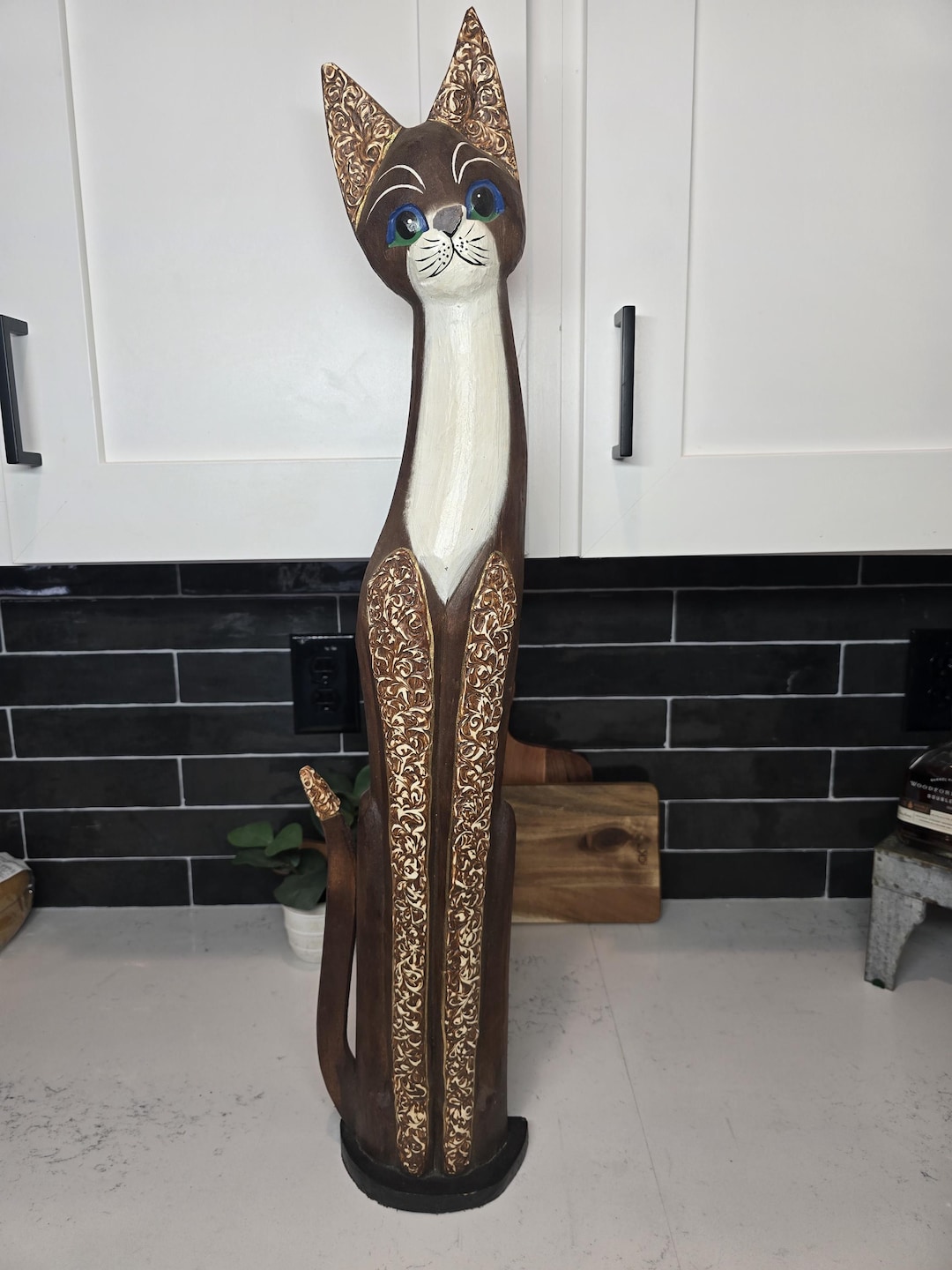 TALL Wooden Carved Wood Cat Statue Figure Standing Zenda Imports Home ...