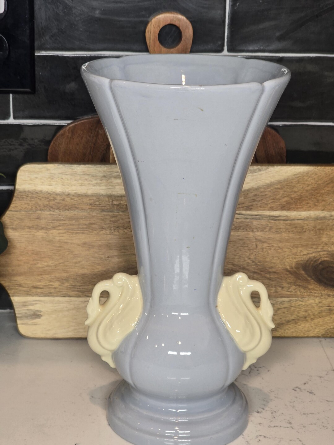 Vintage Chadwick China Blue Pottery Vase With White Swan Handles 8-1/4 ...