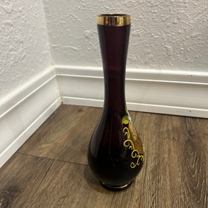 Nasco ART Dark Glass Hand Painted VASE Raised Enamel Flowers Gold Japan ...