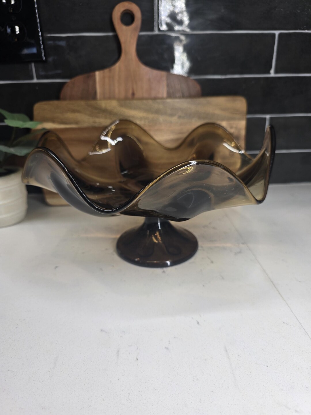 Viking Glass Epic 6 Petal Console Pedestal Bowl Compote Smoke Brown ...