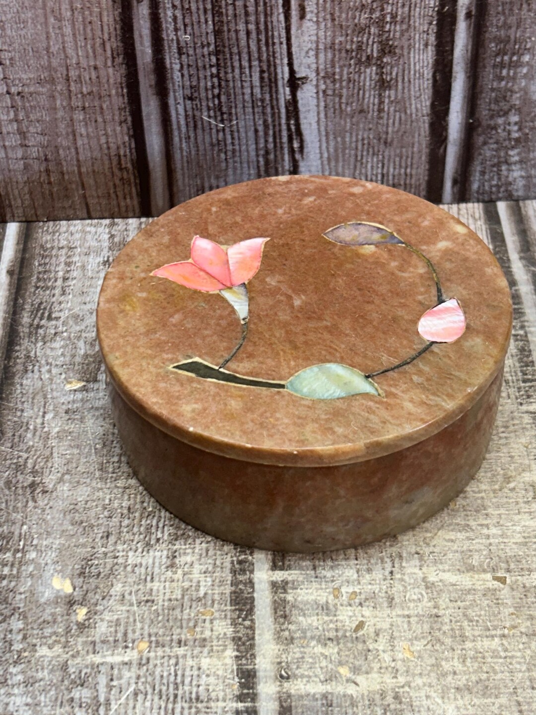 Vintage Soapstone Inlay Stone Jewelry Trinket Box Oval With Lid Floral ...