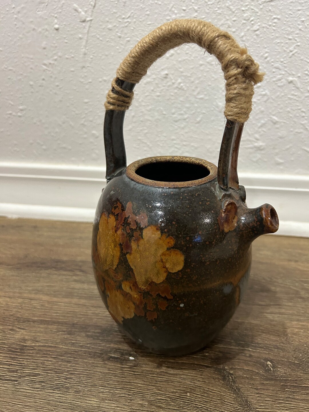 Vtg Handmade Signed Pottery Teapot With Cane Twine Wrapped Handle - Etsy