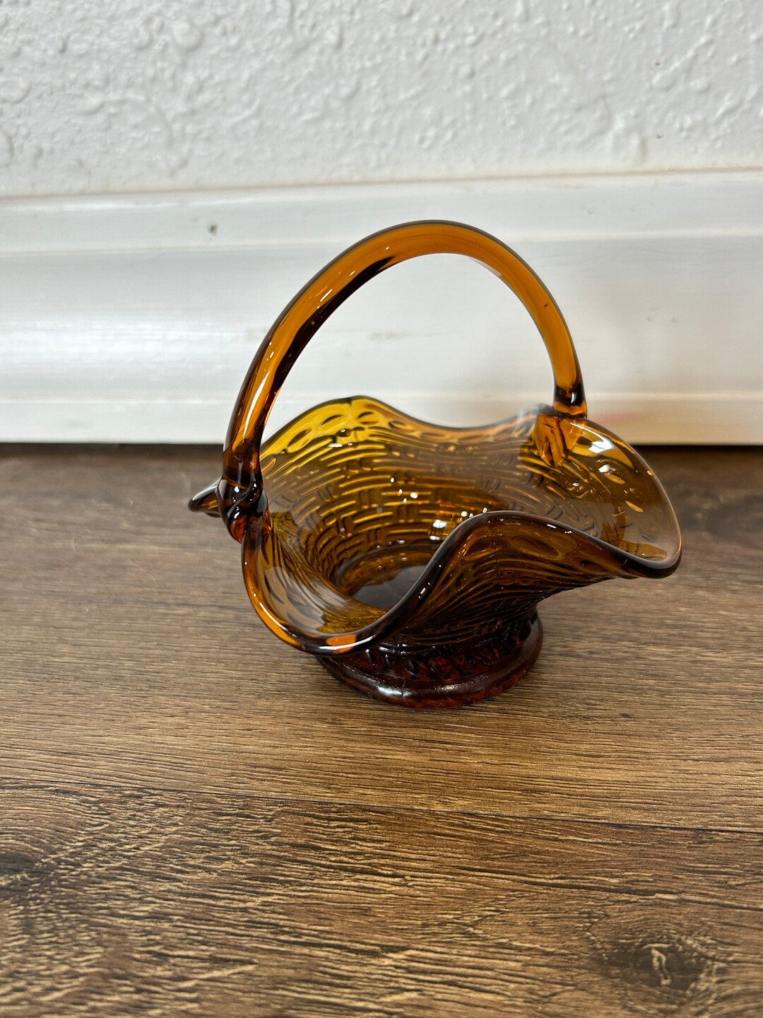 Fenton Amber Glass Ruffled Bride's Basket Wicker Weave Pattern With ...