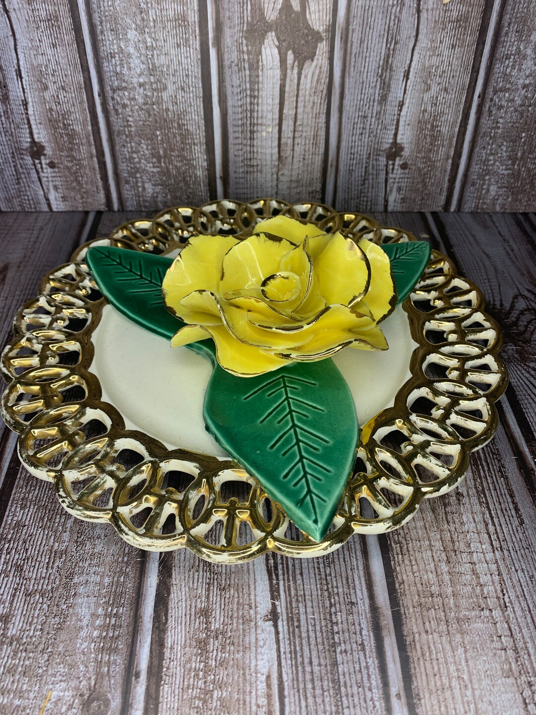 Vintage Ceramic Yellow Applied Rose Plate - Etsy