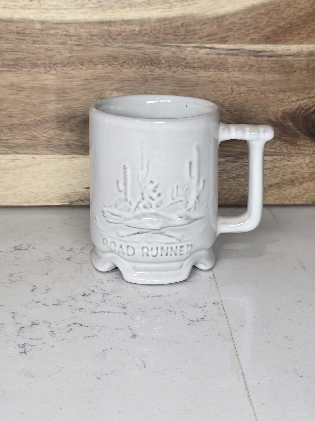 Vintage Frankoma Pottery Road Runner Mug Coffee Cup Cactus Footed White ...