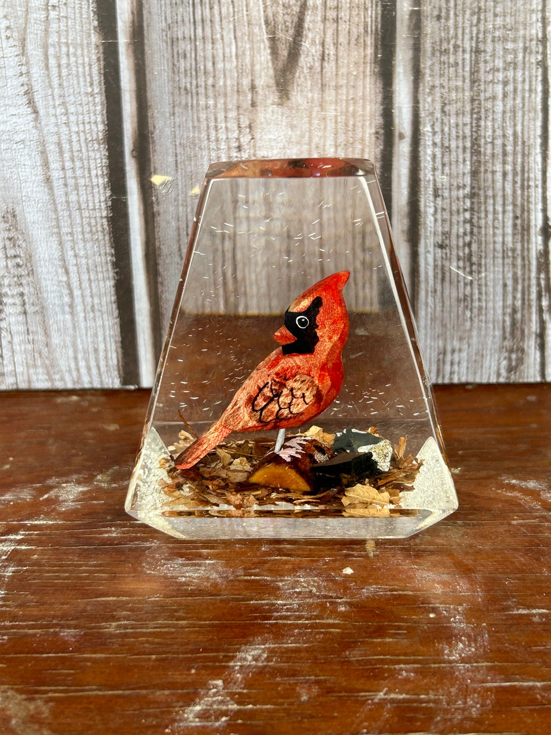 Paperweight Lucite Cardinal Hand Carved Wood Red Bird Unique Canada ...
