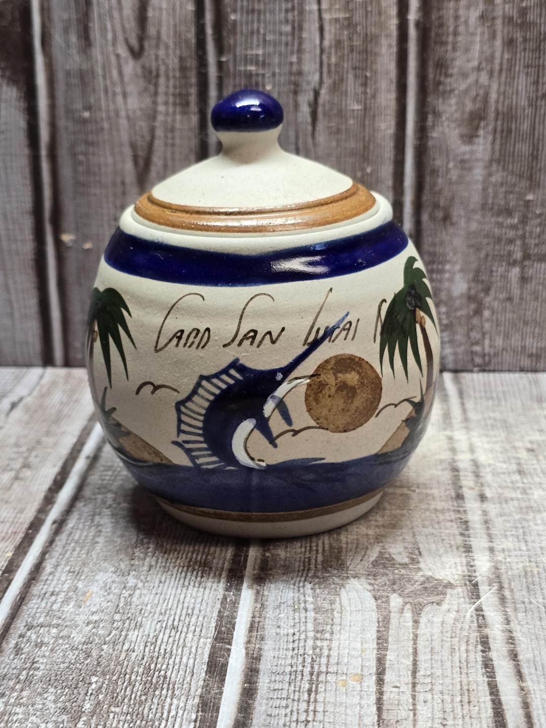 Souviner CABO SAN LUCAS Mexican Pottery Lidded Jarsugar Bowl/trinket ...
