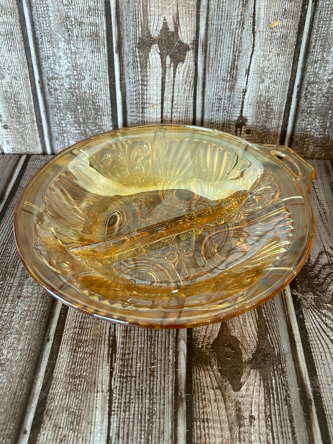 Indiana Glass Amber Carnival Glass Tab Handled Divided Dish Killarney ...