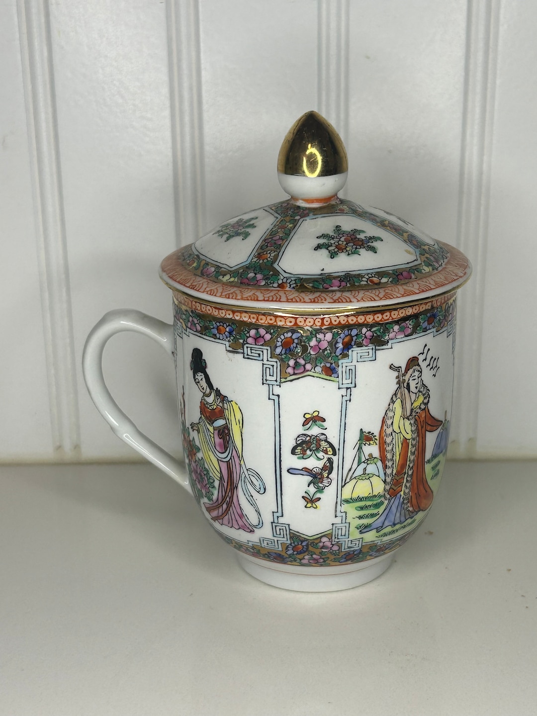 Vintage Chinese Lidded Teacup With Four Chinese Ladies and Lotus Blooms ...