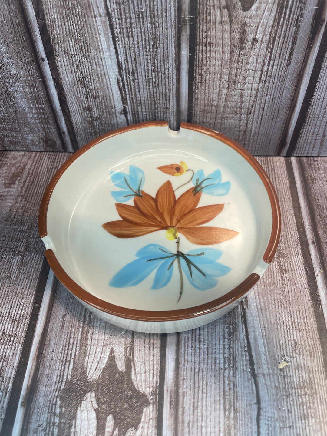 Vintage Round Ceramic Ashtray Flowers Blue Brown 4 7/8 Cigarette ...