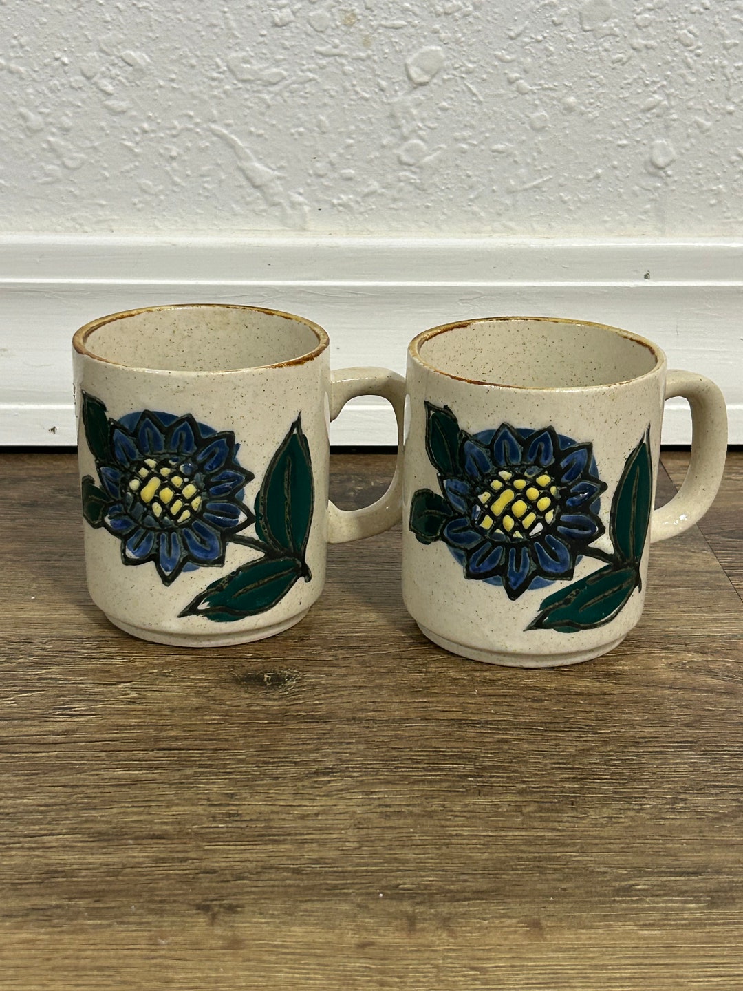 Vintage Rustic Pottery Coffee Mugs 2 Set Blue Floral Tan Speckled - Etsy