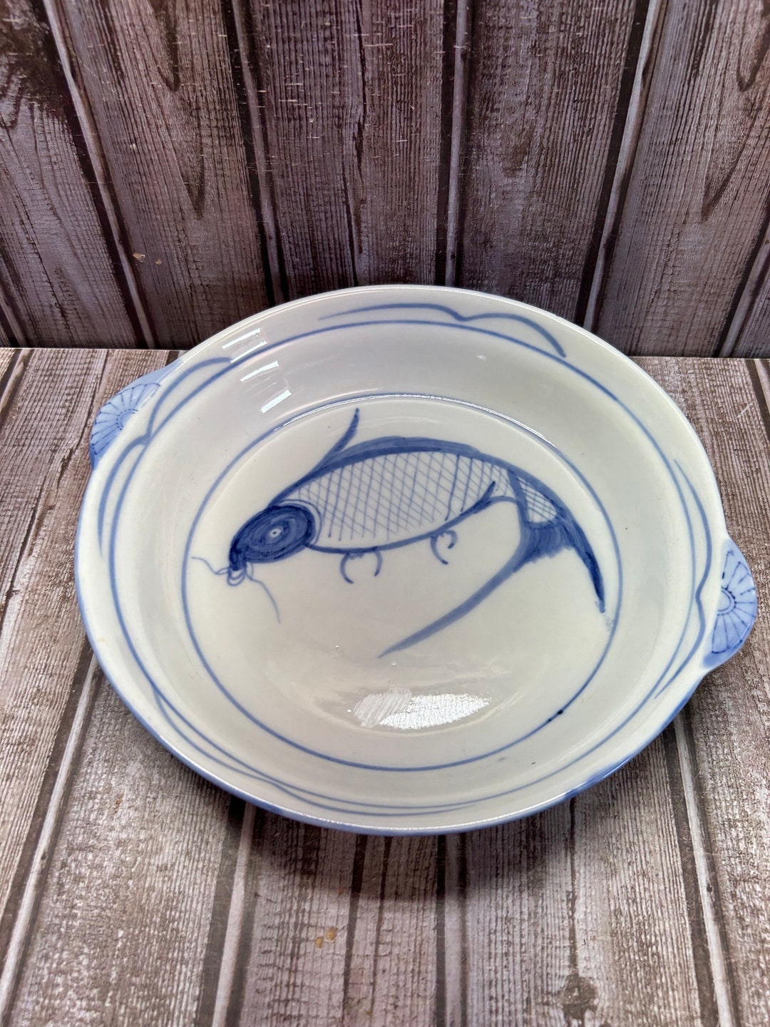 Handled White and Blue Fish Bowl - Etsy